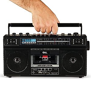 QFX J-220BT Boombox MP3 Conversion from Radio to Cassette with 4-Band (AM, FM, SW1, SW2) Radio with Bluetooth, Dual 3” Speakers, Built-in Microphone, Recorder, and a 3-Band Equalizer