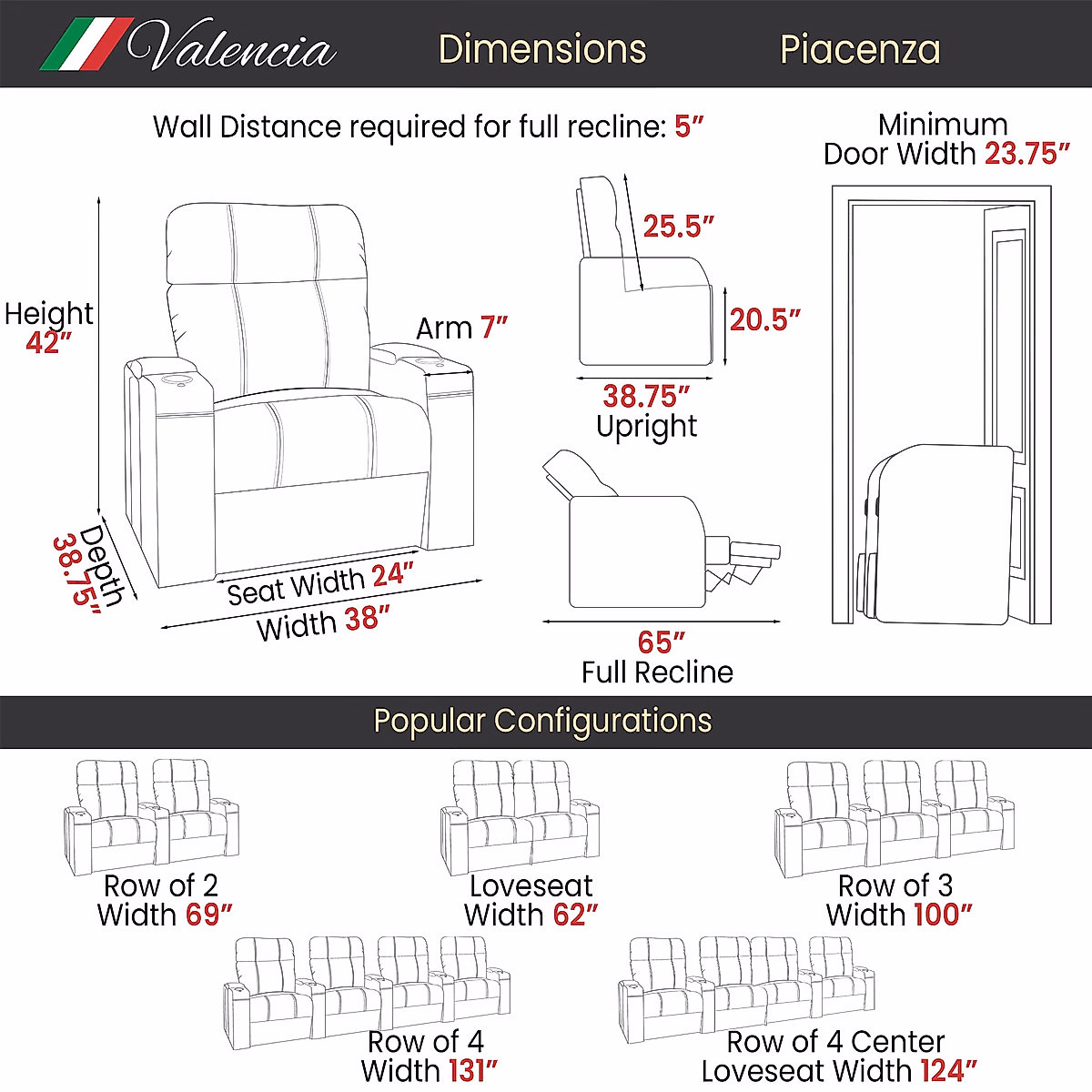 Valencia Piacenza Home Theater Seating | Premium Top Grain Nappa 9000 Leather, Power Recliner, LED Lighting (Row of 2 Loveseat, Black)