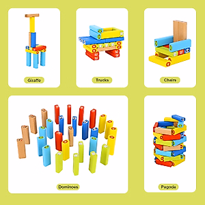 TOOKYLAND Colored Wooden Blocks Stacking Board Games Tumble Tower Games with Animal Pictures for Kids Boys Girls - 80 Pieces