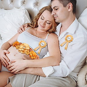 SKJIAYEE Gold Brown Maternity Sash Baby Shower Decorations, Mom to Be & Daddy to Be Corsage for Gender Reveal Party Supplies Belly Belt Gift Keepsake Pregnancy Photo Props (Pure Handmade)