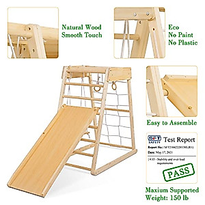 Climber,Indoor Playground Wood Playset 7-in-1 with Jungle Gym, Ramp, Slide, Swing, Swedish Ladder, Pine Wood, Rock Wall Dome for Kids Ages 1+