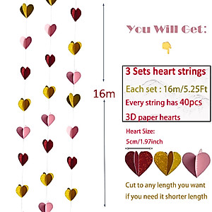 Rose-Red Gold Party Decoration, 3D Heart Garland 53Ft Hanging Love Heart Streamers, 3Packs Pink Bachelorette Party Favors Hearts Décor Valentine’s Day Birthday Engagement Wedding Bridal Shower Banner