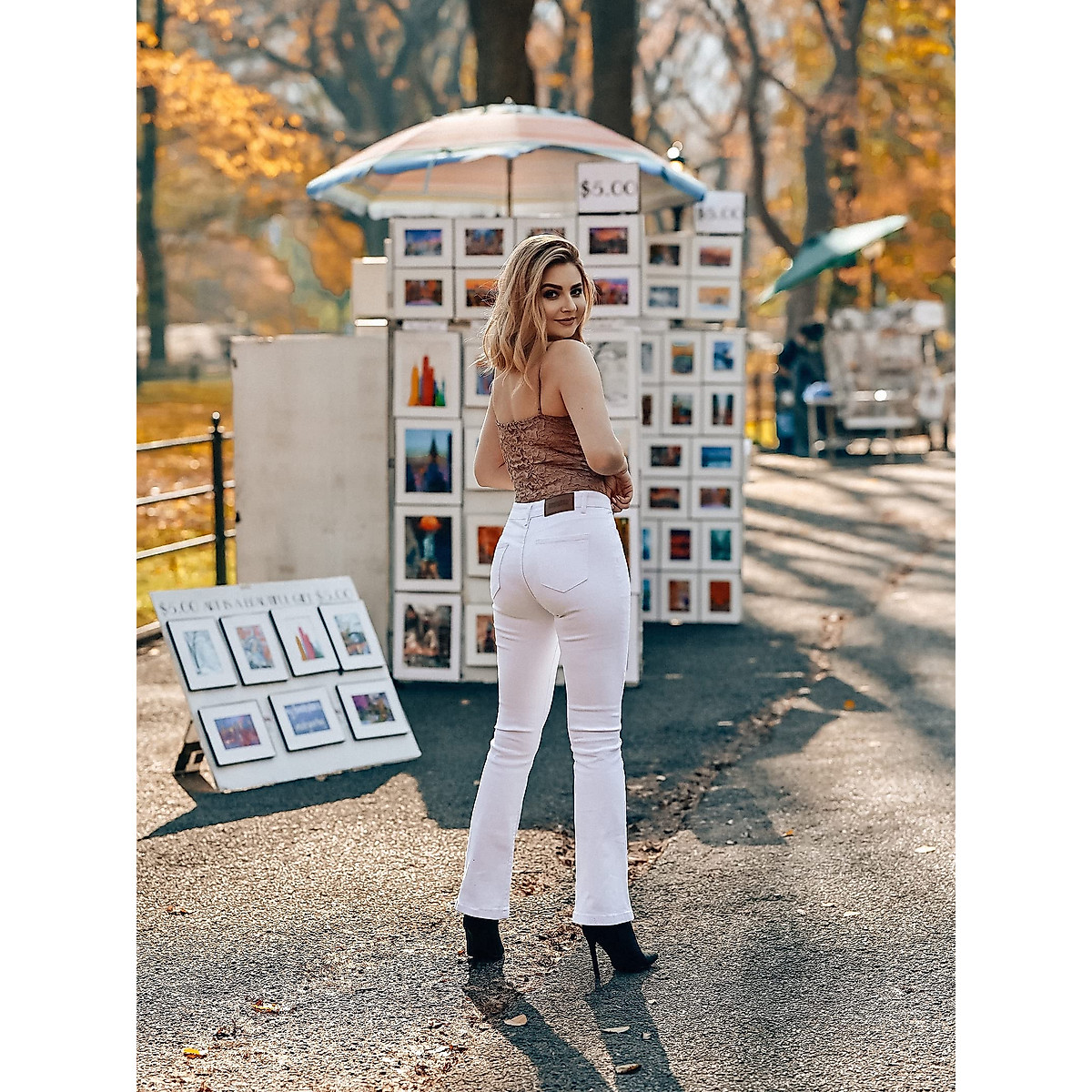 roswear Womens Mid Waist Bell Bottom Stretchy Flare Jeans Pants White Small