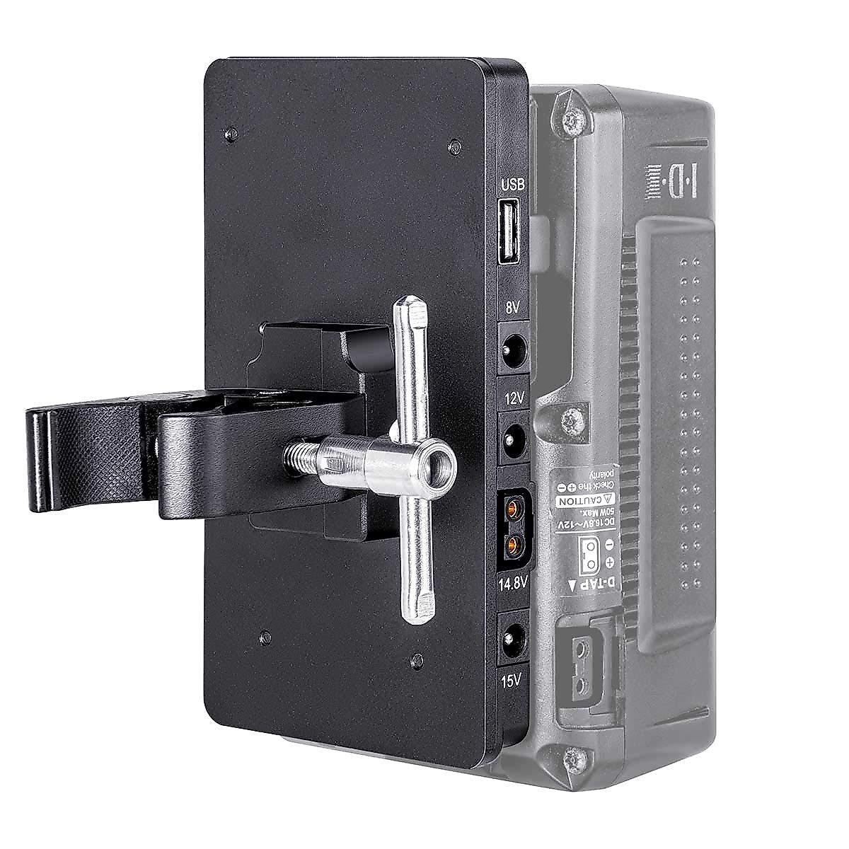 Fomito V-Lock V Mount Battery Adapter Plate with Super Clamp for Lighting Stand,Tripod, Support Rod, with D-TAP/DC/USB Power Output for Camcorder, DSLR Camera, LED Video Light, Monitor, Microphone