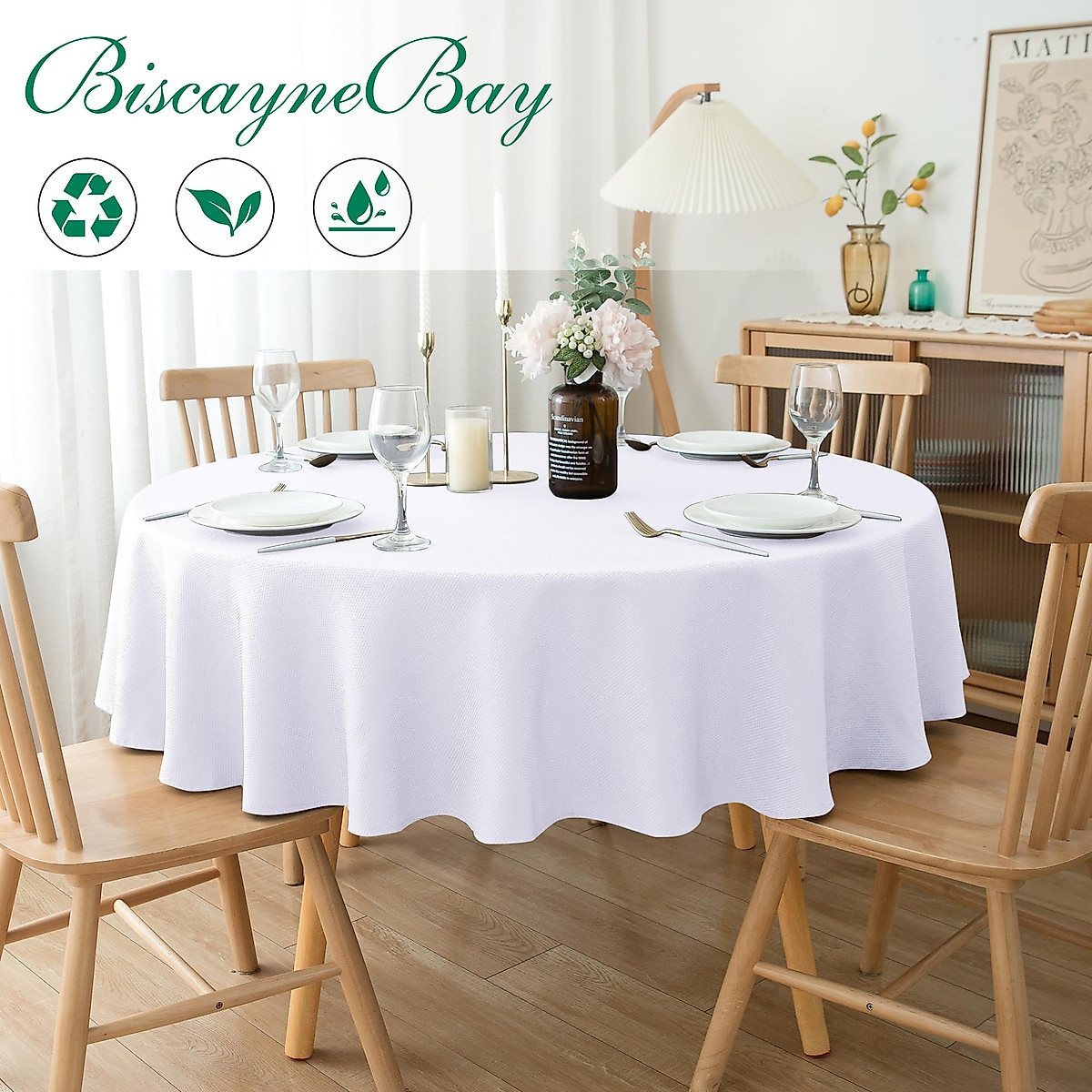 Biscaynebay Textured Fabric Tablecloths Round 70" for Tables' Diameters from 30" to 48", White Water Resistant Tablecloths for Dining, Kitchen, Wedding and Parties etc. Machine Washable