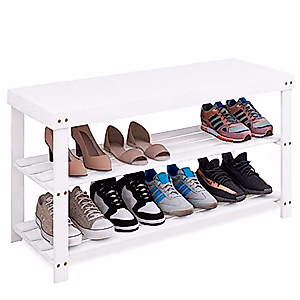 SMIBUY Bamboo Shoe Rack Bench, 3-Tier Shoe Organizer Storage Shelf for Entryway Hallway Bathroom Living Room (White)