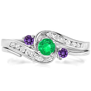 Dazzlingrock Collection Green Emerald, Amethyst & White Diamond Wedding Ring Set in 14K White Gold, Size 7