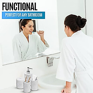 Kralix 4 Piece White Bathroom Accessories Set, Modern White Soap Dispenser Set, White Toothbrush Holder Set, Tumbler and Qtip Holder, Embossed White Bathroom Decor Accessory Set, Accesorios para Baño