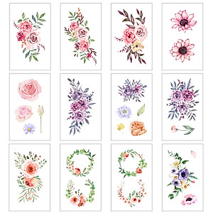 Everjoy Flowers Temporary Tattoos Stickers, Watercolor Roses, Peony, Daisy, Botanical Body Art Fake Tattoos for Women, Girls and Kids - 20 Pcs