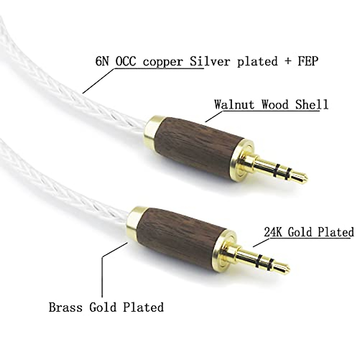 NewFantasia 3.5 mm Male to Male Stereo Audio Cable 8 Cores 6N OCC Copper Single Crystal Silver Plated Wire Walnut Wood Shell AUX Cord for Headphones Car Home Stereos Speaker Smartphone 1.5m/4.9ft