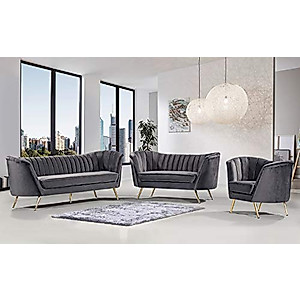 Meridian Furniture Margo Collection Modern | Contemporary Velvet Upholstered Loveseat with Deep Channel Tufting and Rich Gold Stainless Steel Legs, Grey, 65" W x 30" D x 33" H