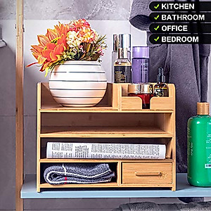 Bamboo Desktop Organizer | Home Office Bamboo Desk Drawer Organizer - 4 Tier Durable Wood Table Top Storage for Pencils, Notepads, Documents & Office Supplies