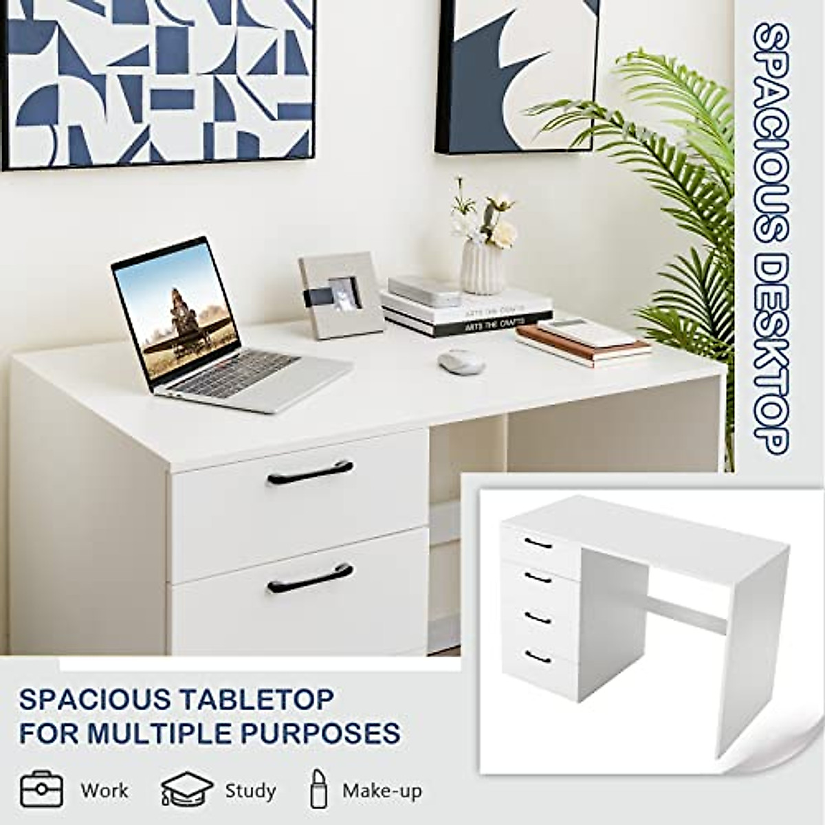 Tangkula White Desk with 4 Storage Drawers, Home Office Writing Desk, Modern Executive Desk, Laptop PC Desk, Vanity Makeup Table, Computer Workstation for Bedroom, Study Room, Office