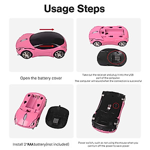 WAONIQ Wireless Mouse, 2.4G Wireless Mouse Car Mouse, Ergonomic Game Mouse with USB Receiver, 1600DPI Optical Mouse, Smart Power Saving, Portable Mouse for PC Windows Laptop Notebook Mac OS(Pink)