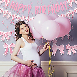 Colingmill 41 Pcs Coquette Bow Birthday Decorations Includes 2 Pcs Pink Bow Birthday Banner Garland 15 Pcs Pink Bow Party Hanging Swirls 24 Pcs Bow Cupcake Toppers for Wedding Baby Shower Party Decor