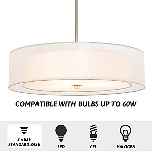 VONLUCE 3 Light Double Drum Pendant Light, 20" Brushed Nickel Convertible Semi-Flush Mount Drum Ceiling Light Fixture for Kitchen Island Dining Table Bedroom, Modern Hanging Lights Chandelier