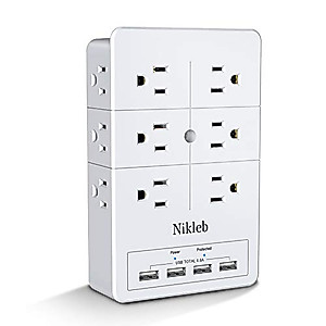 Multi Plug Outlet Surge Protector Nikleb, 12 Electrical Outlet Extender 3 Sided, Wall Outlet with 4 USB Charging Ports Total 4.8A, Plug Adapter 3 Prong, Charging Station Block Wall Mount Low Profile