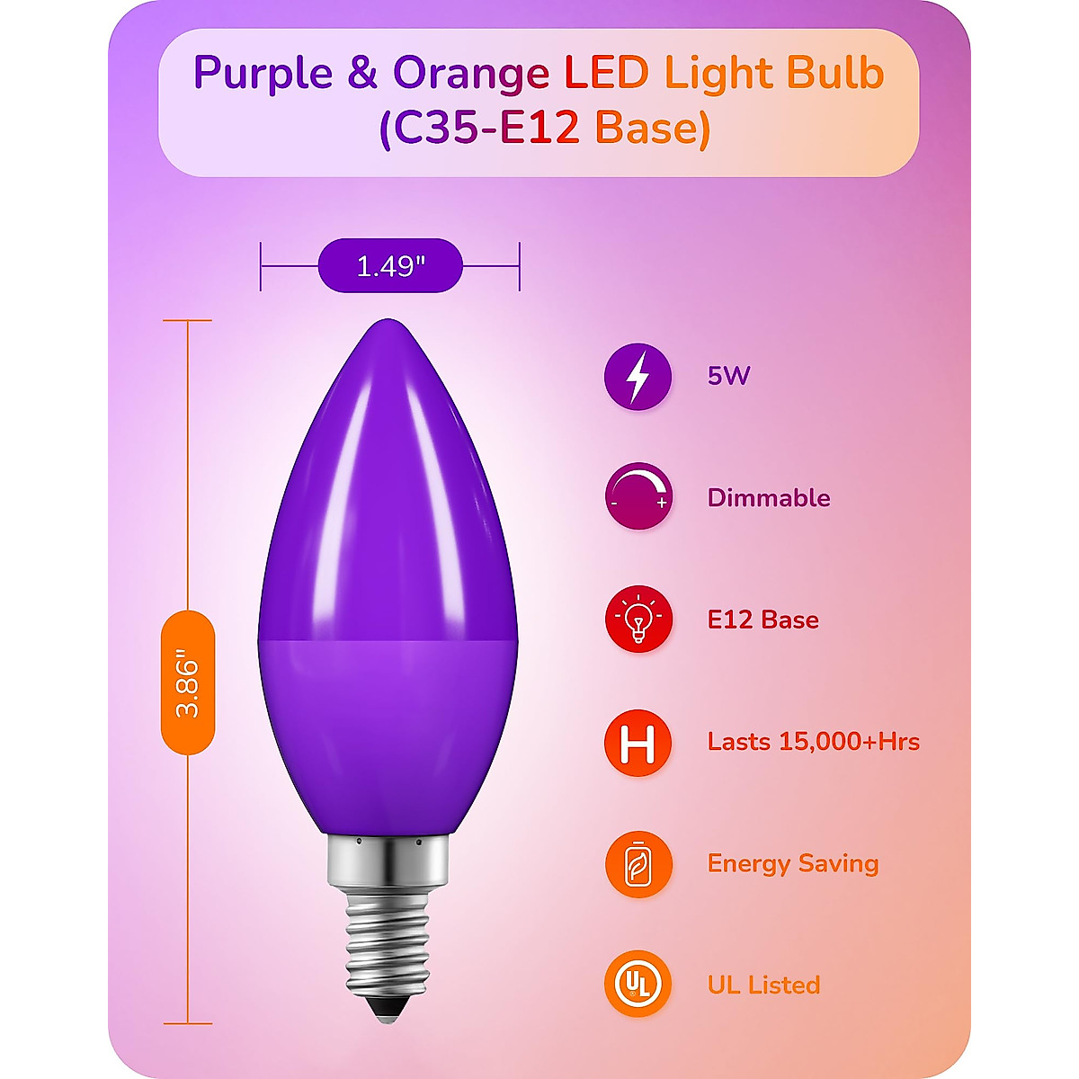 EDISHINE Christmas C35 Purple & Orange Dimmable LED Light Bulb, E12 Candelabra Bulbs, 60 Watt Equivalent, LED Chandelier Bulb, Vintage Candle Light Bulb, Decorations for Christmas, Party, 6 Pack