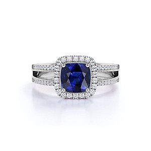 CTIEIP 10K/14K/18K Gold Diamond & Cushion Cut Blue Created Sapphire Engagement Ring for Women Jewelry Gift for Her (1.3 Cttw, G-H Color, I2-I3 Clarity)