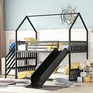 THINK 30 Metal House Bunk Bed, House Bed with Slide and Staircase, Twin Size, Black