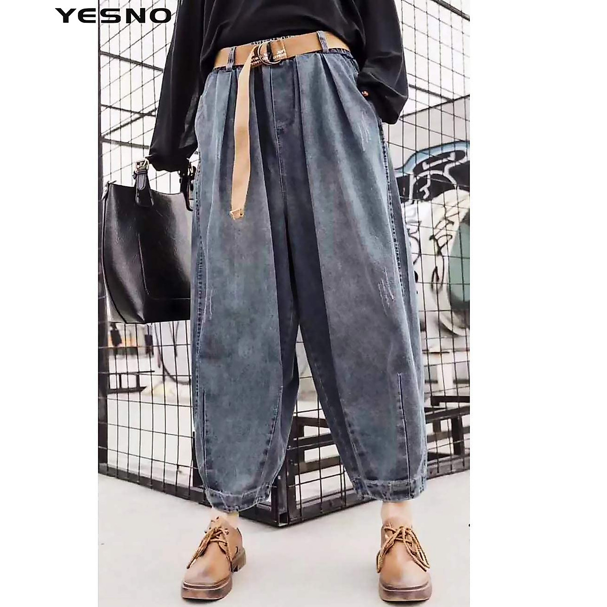 YESNO Women Casual Loose Cropped Trousers Pants Denim Bloomers Elastic Waist with Pockets XL PJDTYP1 Blue