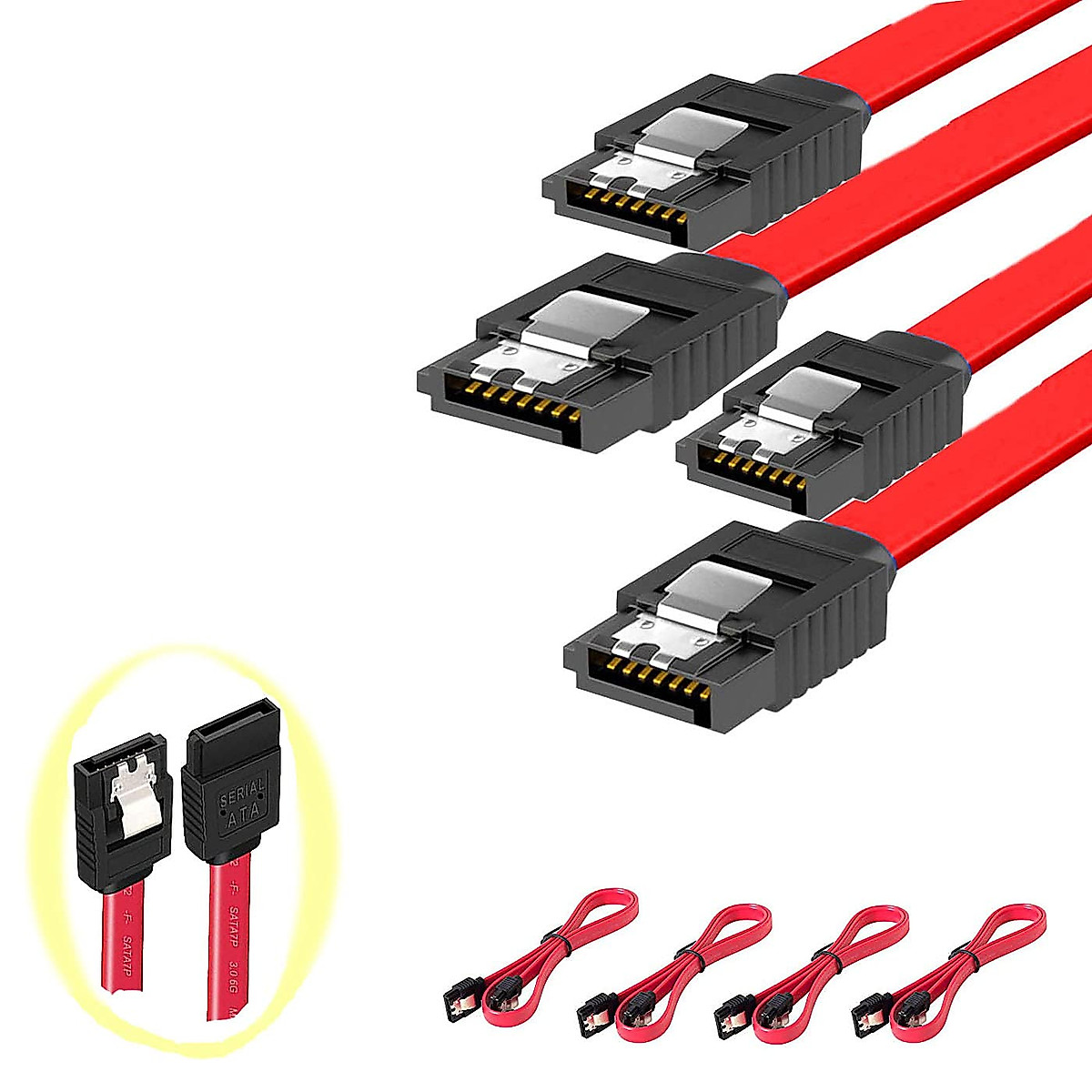 USECL 4 Pack Straight SATA III Hard Disk Cable 6.0GBPS,7pin Female to Female Date Cable with Locking Latch,Length :18 inches（red）