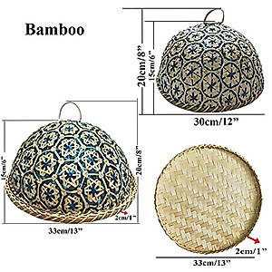 Coralpearl Bamboo Woven Food Dome Lid Cover to Keep out Flies Bugs and Table Serving Tray Storage Plate Platter with Handles for Picnic Party Bread Cake Pizza Dry Fruit Dessert Indoor Outdoor (Blue)