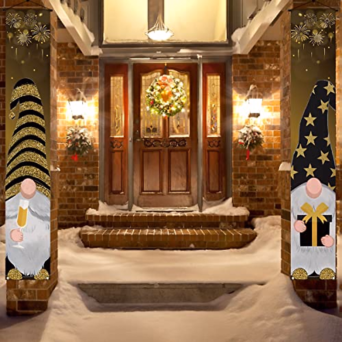 Happy New Year Gnome Porch Banner 2023 New Year's Eve Christmas Holiday Front Door Sign Wall Hanging Party Decoration