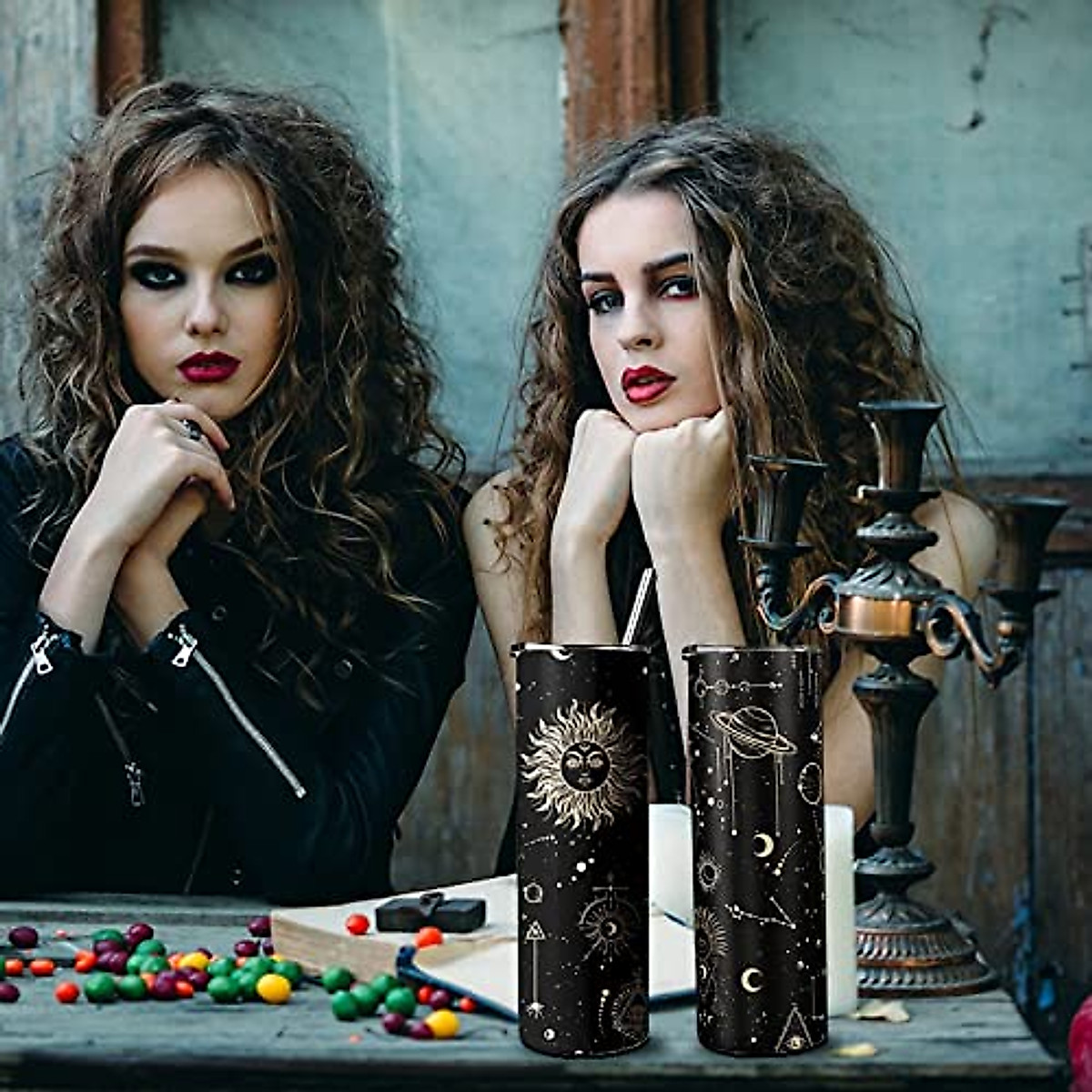 Ceovfoi Goth Moon Tumbler with Lid and Straw, Sun and Moon Cup Gothic Coffee Travel Mug,20 Oz Witch Tumbler Cup,Witchy Gifts for Women Goth Decor Halloween Decor Witch Stuff for Women