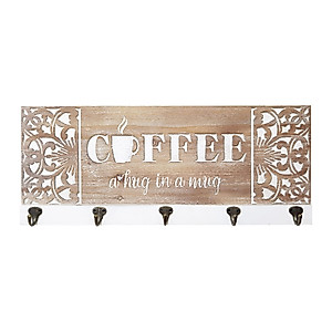 Gatheroad 24" L Vintage Farmhouse Wooden Carved Coffee Sign with 5 Hooks Mugs Rack Tea Cups Holder Wall Mounted Cup Organizer Display for Kitchen, Home, Coffee Bar, Pantry Cabinet