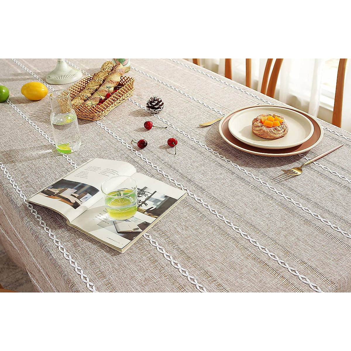 Chassic 60 x 120 inches Farmhouse Style Linen tablecloths, Wrinkle Resistant Washable Dining Room Table Cloths for 8 Foot Rectangle Tables - Hemstitch Light Coffee