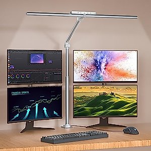 OOWOLF LED Desk Lamp, Architect Desk Lamp 31.5" Wide, Eye-Caring Workbench Office Lighting,4 Color Modes & Stepless Dimming Table Lamp with Memory Function for Home Office/Monitor/Study 24W Silver