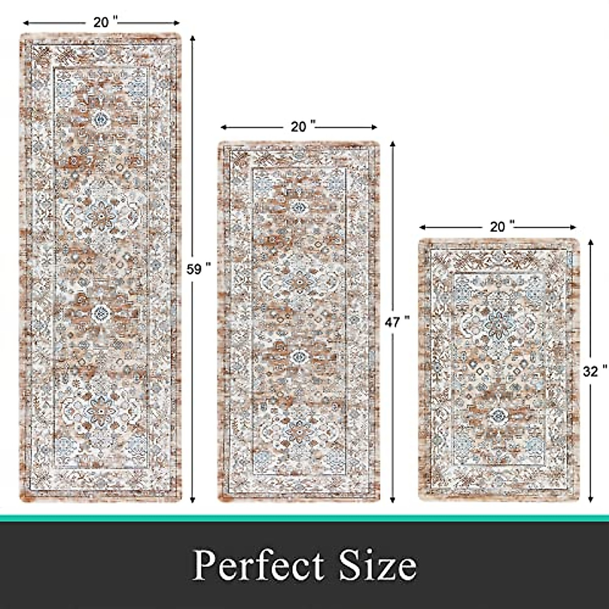 Pauwer Boho Kitchen Rugs Sets of 3 Non Slip Rubber Kitchen Mats for Floor Waterproof Kitchen Rugs and Mats Washable Farmhouse Kitchen Area Rug Floor Carpet Runner Rugs for Hallway Laundry Room
