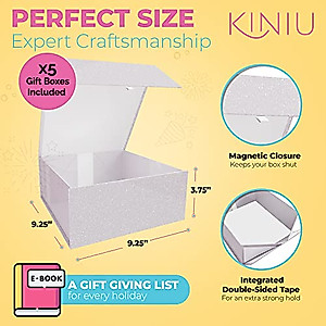 kiniu 5 Glitter Gift Boxes with Lids Bulk 9.25x9.25x3.75 Inches - Collapsible Gift Box with Lid and Tissue Paper - Magnetic Boxes for Gifts, Groomsman Box Proposal, Wedding, Birthday, Christmas (Glitter)