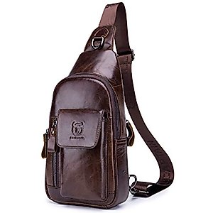 BULLCAPTAIN Genuine Leather Men Sling Bag Travel Crossbody Chest Bag Large Capacity Casual Hiking Daypack (Brown)