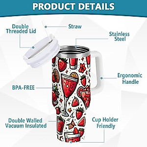 Jihqo Stropical Strawberry Cocktails 40 oz Stainless Steel Vacuum Insulated Tumbler with Handle and Straw Lid, Leakproof Water Bottle Double Wall Travel Mug Coffee Cup, Cupholder Friendly