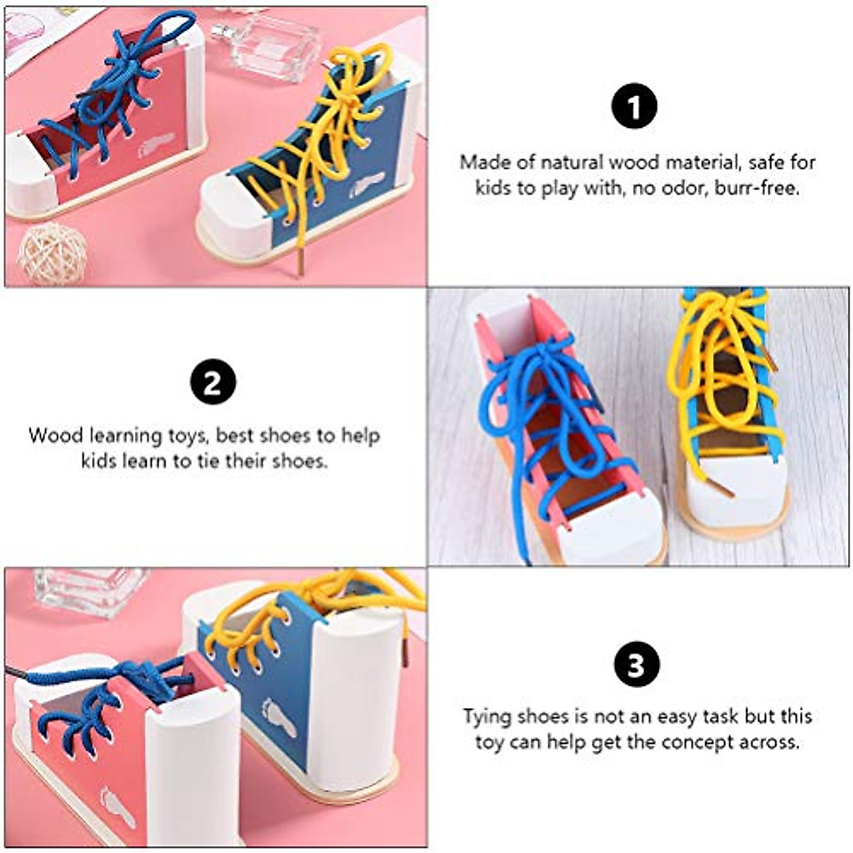 NUOBESTY Learn to Tie Shoes Wooden Lacing Shoe Toy Shoelaces Tying Toy Teaching Kit for Kids, Blue