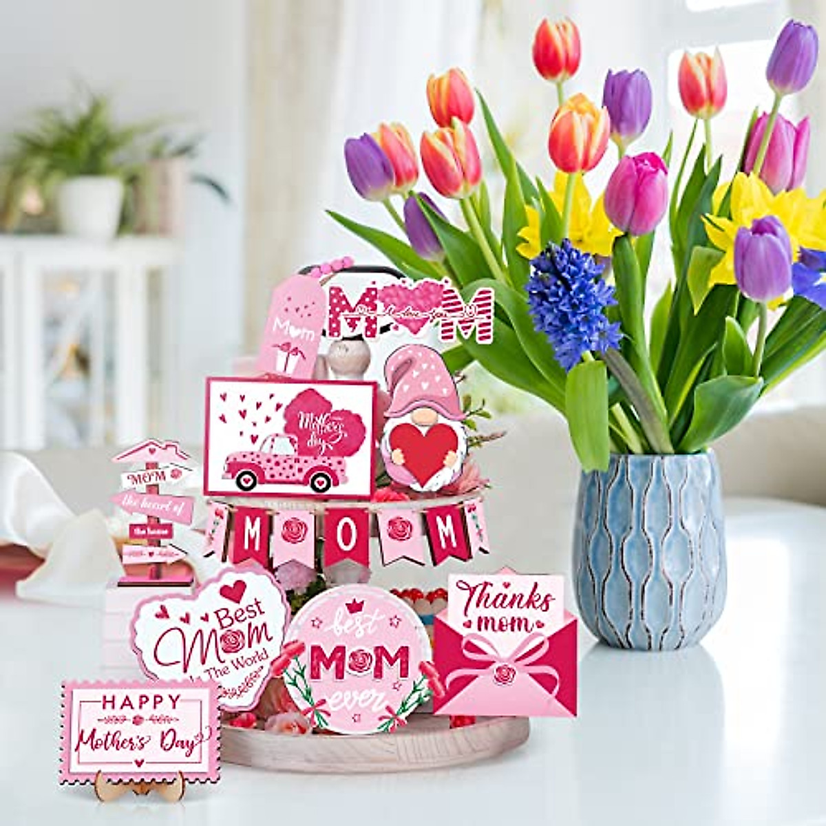 16 Pcs Mother's Day Heart Tiered Tray Decor Happy Mother's Day Wooden Sign Gnome Truck Mom Letters Wooden Decor Mothers Day Table Decorations for Mother's Gift Party Supplies (Heart Style)