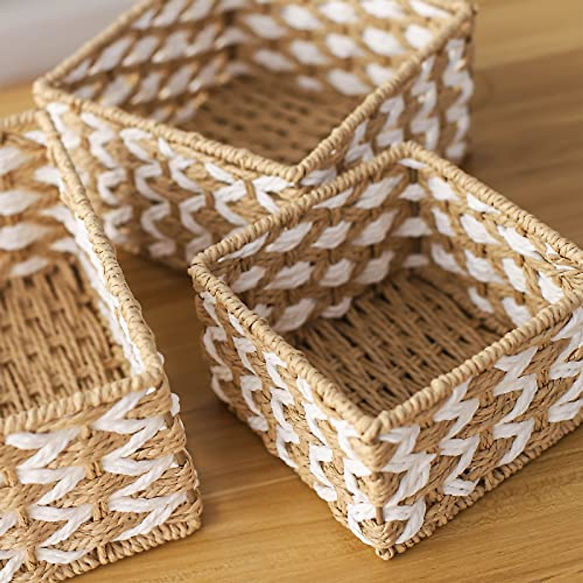 Storage Baskets Set 3 -Stackable Woven Basket Paper Rope Organizing Baskets Set Handmade Decorative Home Storage Bin for Makeup/Closet/Bathroom/Bedroom (off white)
