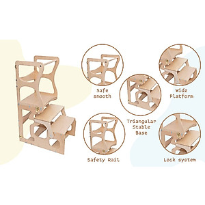 WoodandHearts Montessori Step Stool for toddlers - 2 in 1 Multifunctional Learning Tower - Kitchen Standing Helper (with shapes cutouts)
