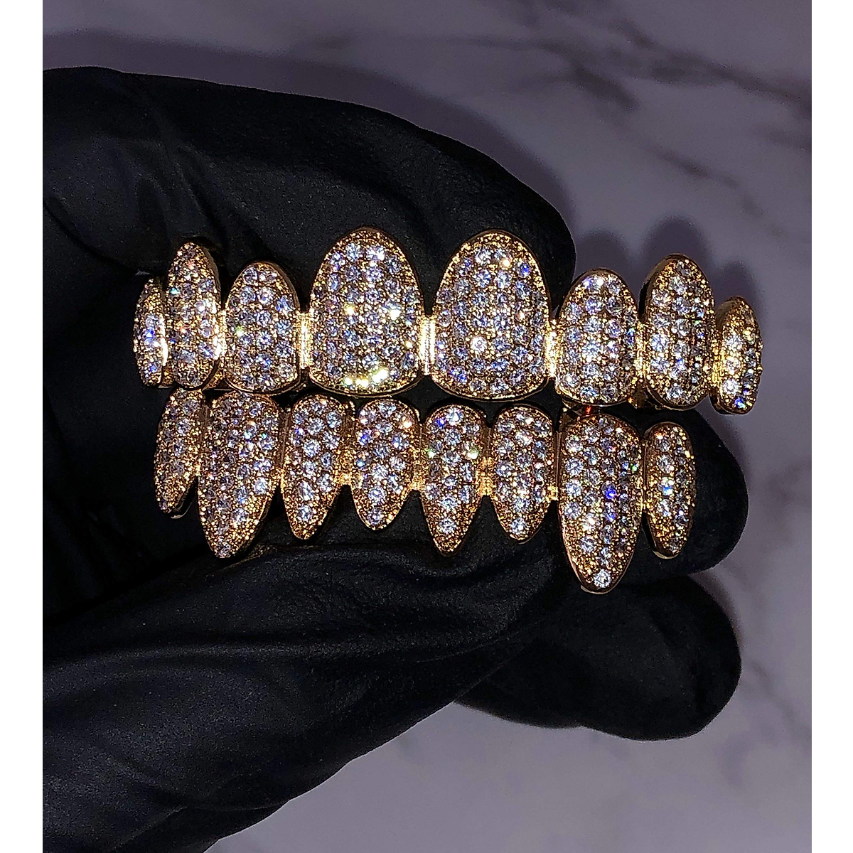 14k Iced 1.2 ct CZ Set 8 Teeth Joker Gold Grillz for Mouth Top Bottom Hip Hop Teeth Grills for Teeth Mouth Grillz for Mouth Top Bottom Set (Gold)