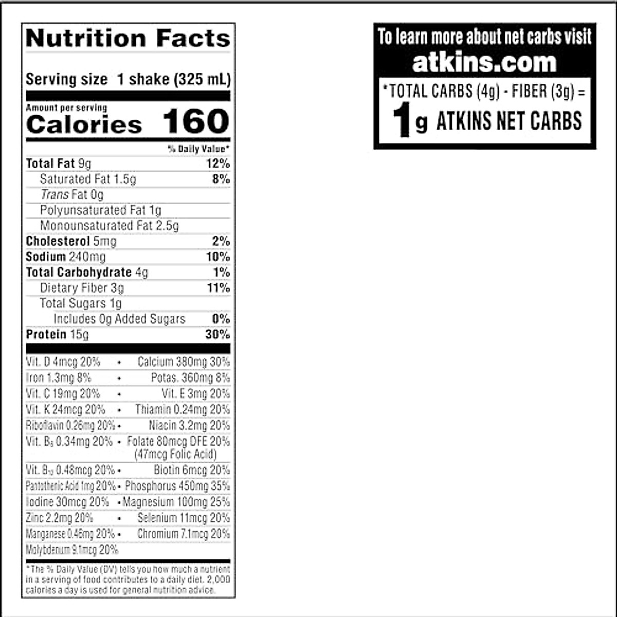 Atkins Creamy Vanilla Protein Shake, 15g Protein, Low Glycemic, 2g Net Carb, 1g Sugar, Keto Friendly, 4 Count