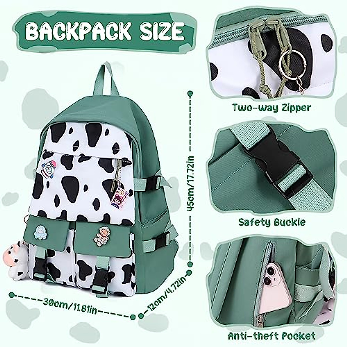 Unineovo Cow Print Kawaii Backpack with Cute Pin Accessories Plush Pendant Kawaii School Backpack Cute Aesthetic Backpack