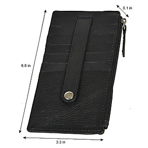 Leatherboss Genuine Leather Women's All in One Credit Business Card Case Holder Slim Zipper Wallet With a Card Protection Strap, Black