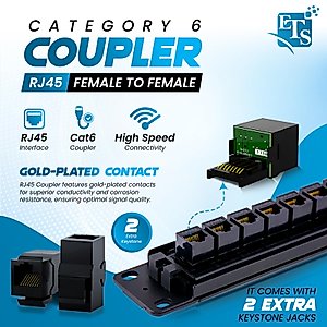 ETS 24 Port CAT6 Pass Through Coupler Patch Panel with Back Bar, Compatible with Cat5, Cat5e, Cat6, Cat6A, Loaded with Unshielded keystones