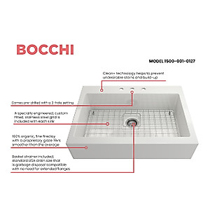 BOCCHI Nuova Apron Front Drop-In Fireclay 34 in. Single Bowl Kitchen Sink with Protective Bottom Grid and Strainer in White