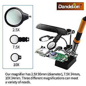 Dandelion 2.5X 7.5X 10X LED Light Magnifier Soldering Station,Magnifying Desk Lamp Helping Hand Repair Clamp Alligator Auxiliary Clip Stand Desktop Magnify Glass for Painting Miniature,Jewelry Pieces