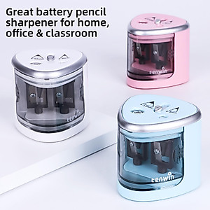 tenwin Electric Pencil Sharpener for Colored Pencils, Battery Operated Pencil Sharpeners for No.2 and 6-12mm Pencils, Dual Hole for Office School Artists Adults Kids Use（Silver）