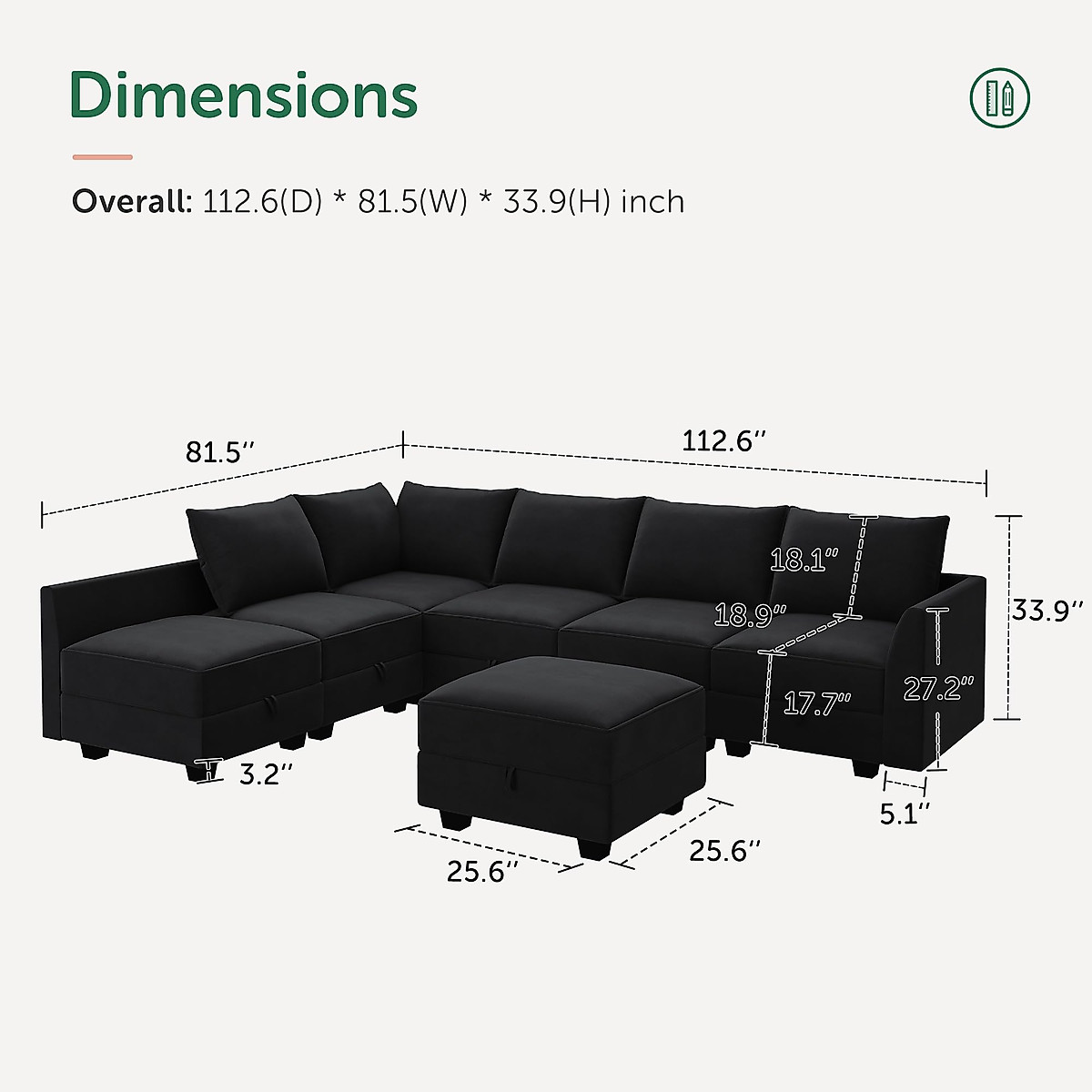 HONBAY Modular Sectional Sofa with Storage Ottoman Velvet Modular Couch with Reversible Chaise L Shape Sectional Couches for Living Room,Black