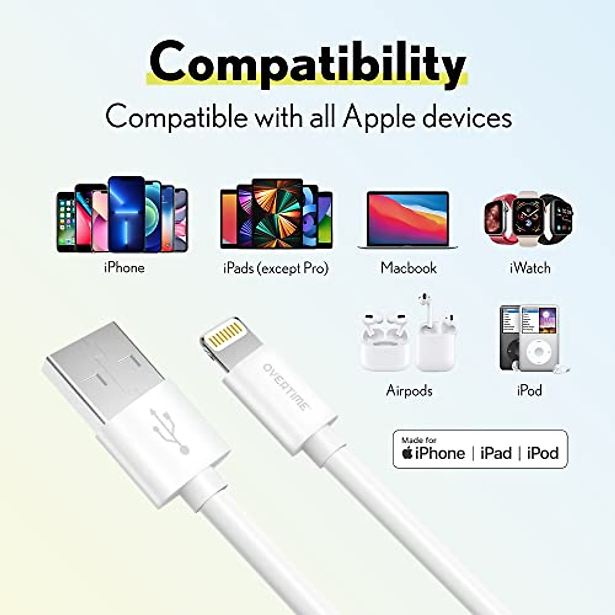 Overtime iPhone Charger Cable 6 Foot, Apple MFi Certified Lightning Cable 6ft USB Cord for iPhone 14/13/12/11/Pro/Max/Mini/SE/XR/XS/X/8/7/Plus/6/6S, iPad/iPad Air 2/Mini 4/3/2, White